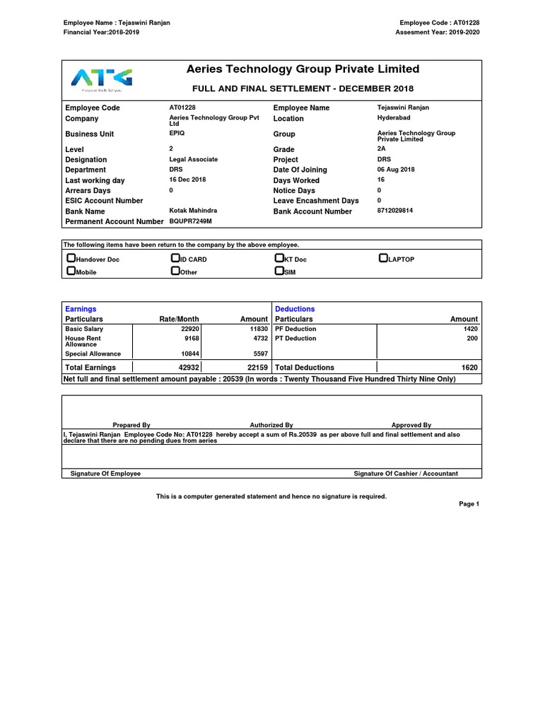 Aeries Technology Group Private Limited: Full and Final Settlement ...