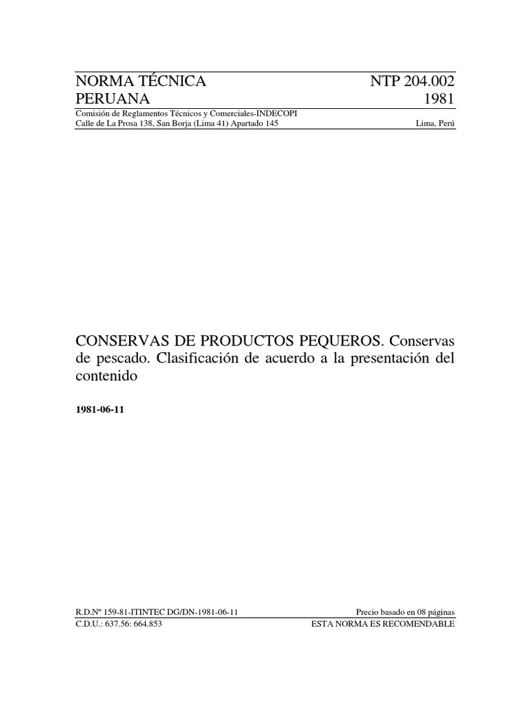 Norma Técnica NTP 204.002 Peruana 1981 | PDF | Caldo | Pescado como alimento