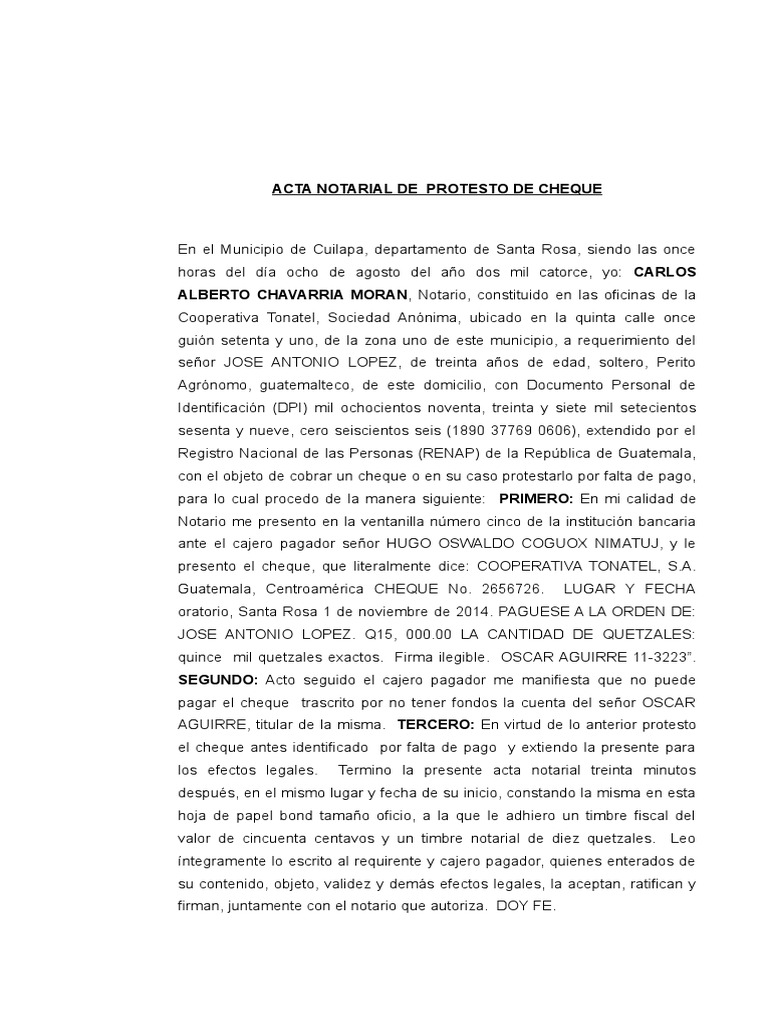 Acta Notarial de Protesto de Cheque | PDF | Cheque | Guatemala