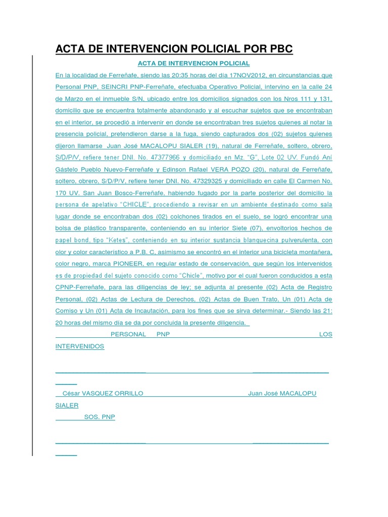 Acta de Intervencion Policial Por PBC | PDF | Policía | Gobierno