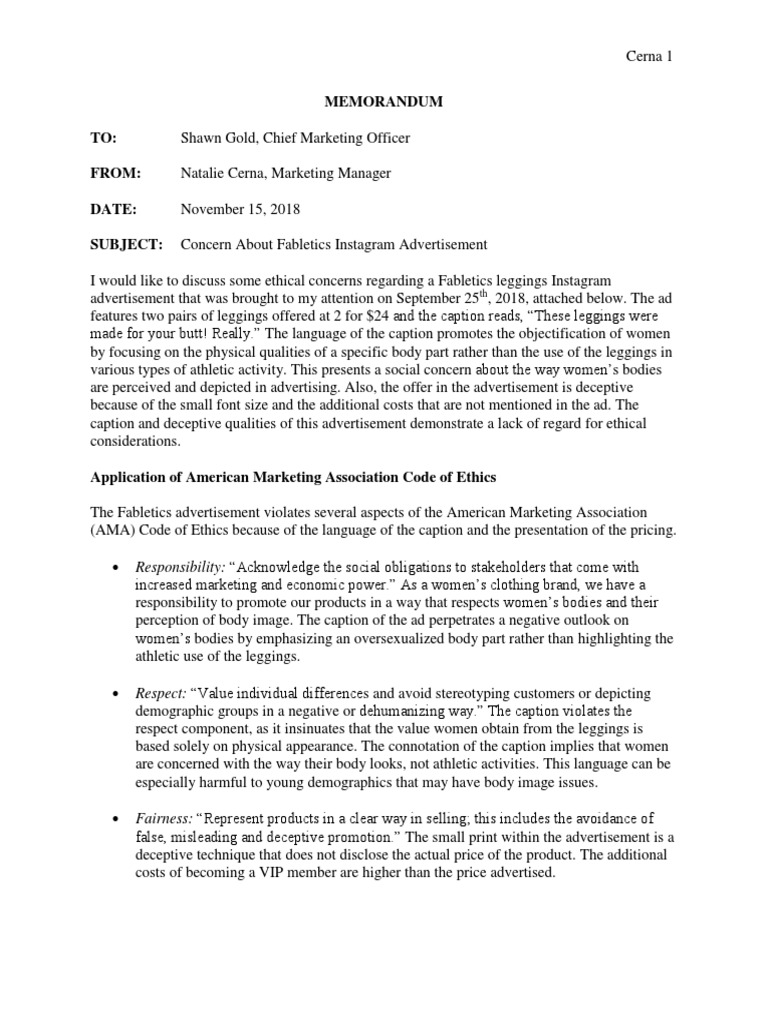 Natalie Cerna Ethics Memo | PDF | Advertising | Body Image