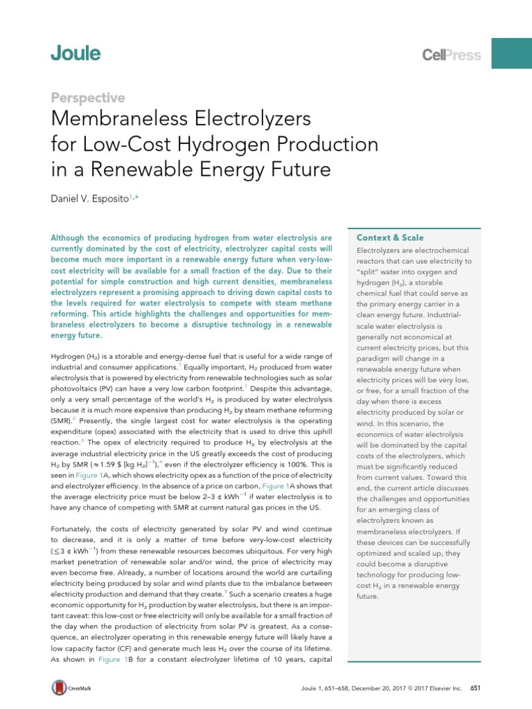 Membraneless Electrolyzersfor Low-Cost Hydrogen Productionin A ...