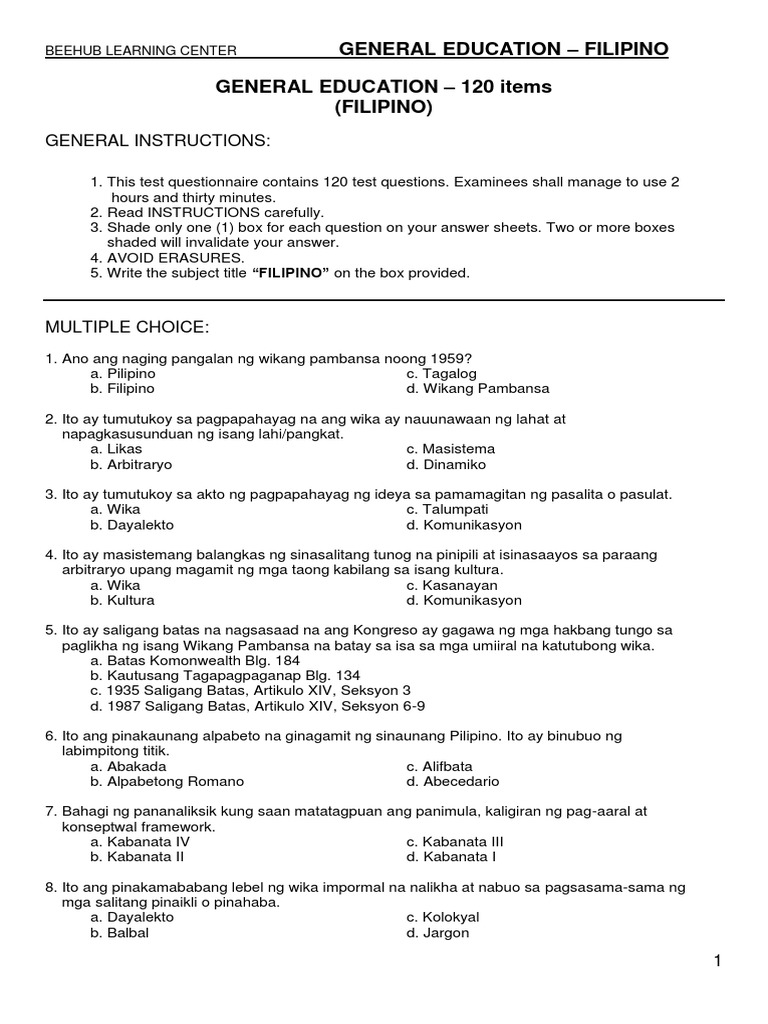 Gen Ed Filipino Post Test | PDF