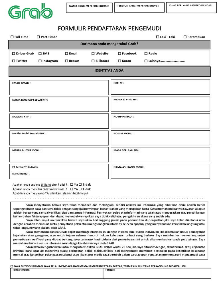 Contoh Formulir Pendaftaran Grab | PDF | Hukum