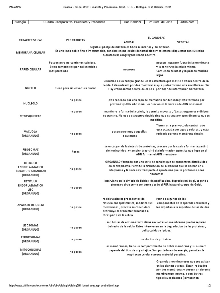 Cuadro Comparativo - Eucariota y Procariota - UBA - CBC - Biologia ...