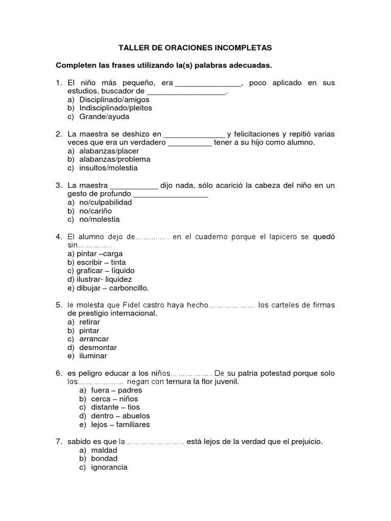 Ejercicios de Oraciones Incompletas para Niños | PDF | Amor