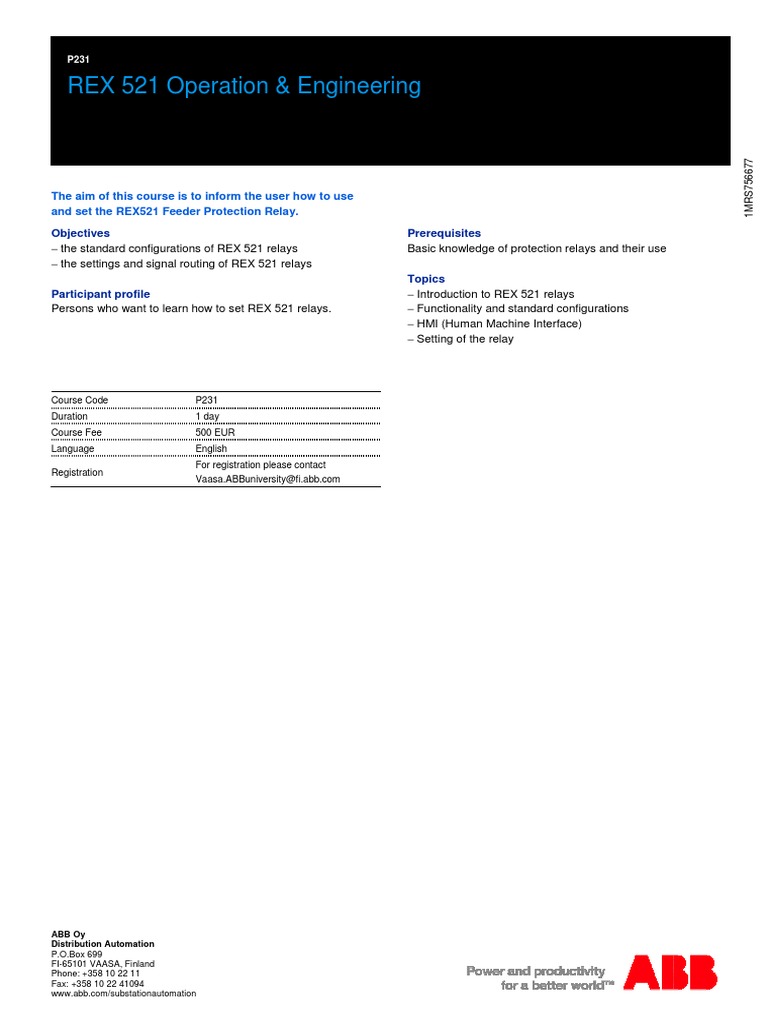 REX 521 Feeder Protection Relay: Operation, Settings, and Configuration ...
