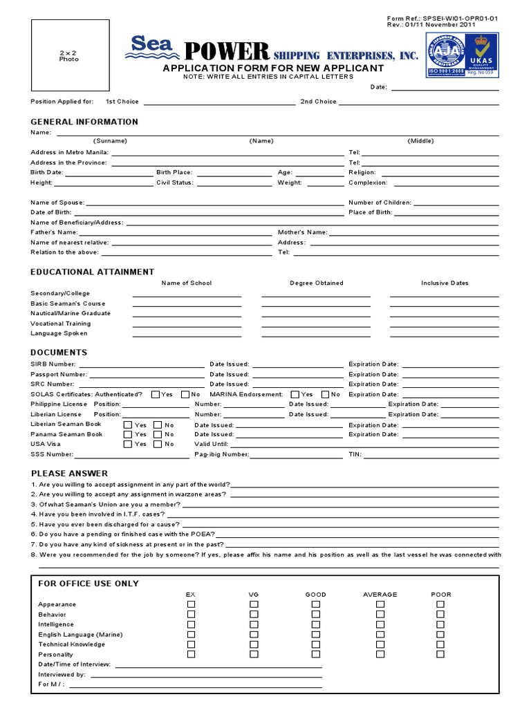 Application Form For New Applicant: General Information | PDF | Ships