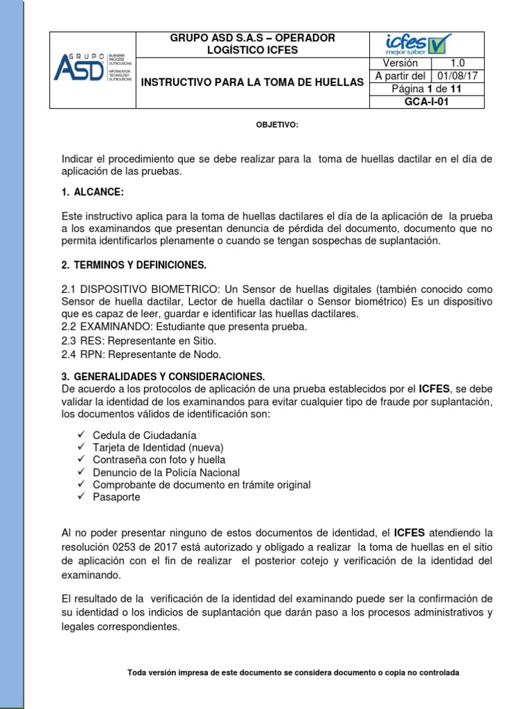 Instructivo Toma de Huellas ICFES | PDF | Biometría | Huella dactilar