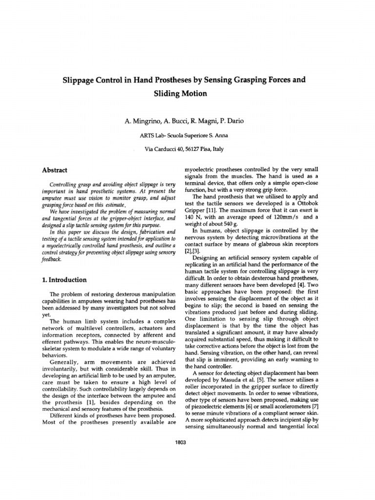 Slippage Control in Hand Prostheses by Sensing Grasping Forces and PDF ...