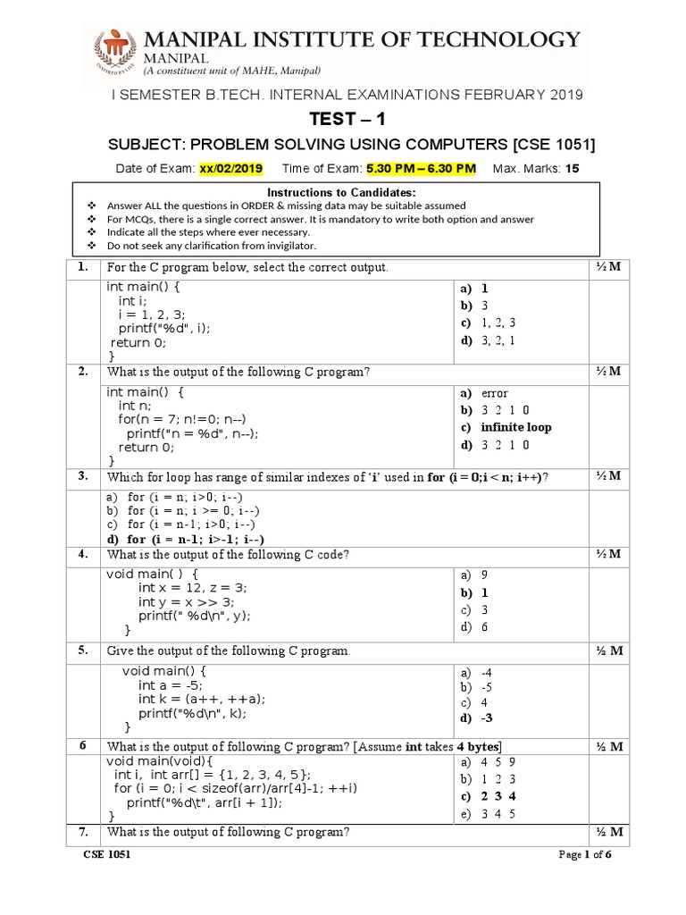 Test – 1: Subject: Problem Solving Using Computers [CSE 1051] | Control ...
