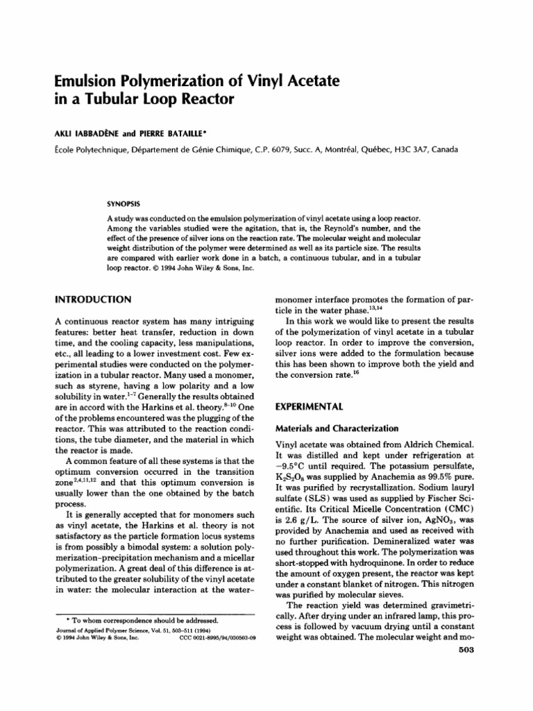 Emulsion Polymerization of Vinyl Acetate in A Tubular Loop Reactor PDF ...
