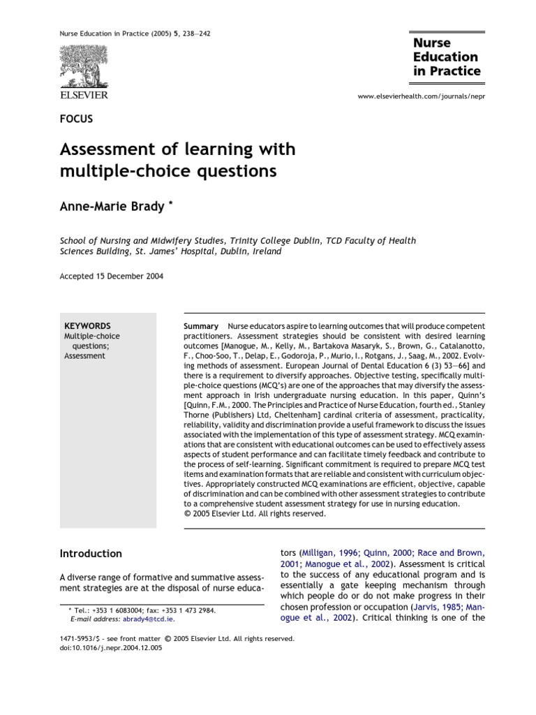 Assessment of Learning With Multiple-Choice Questions: Nurse Education ...