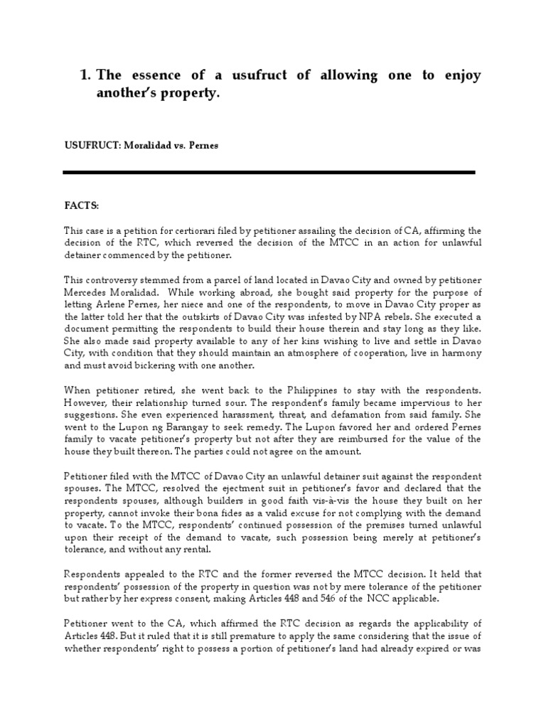 The Essence of A Usufruct of Allowing One To Enjoy Another's Property ...