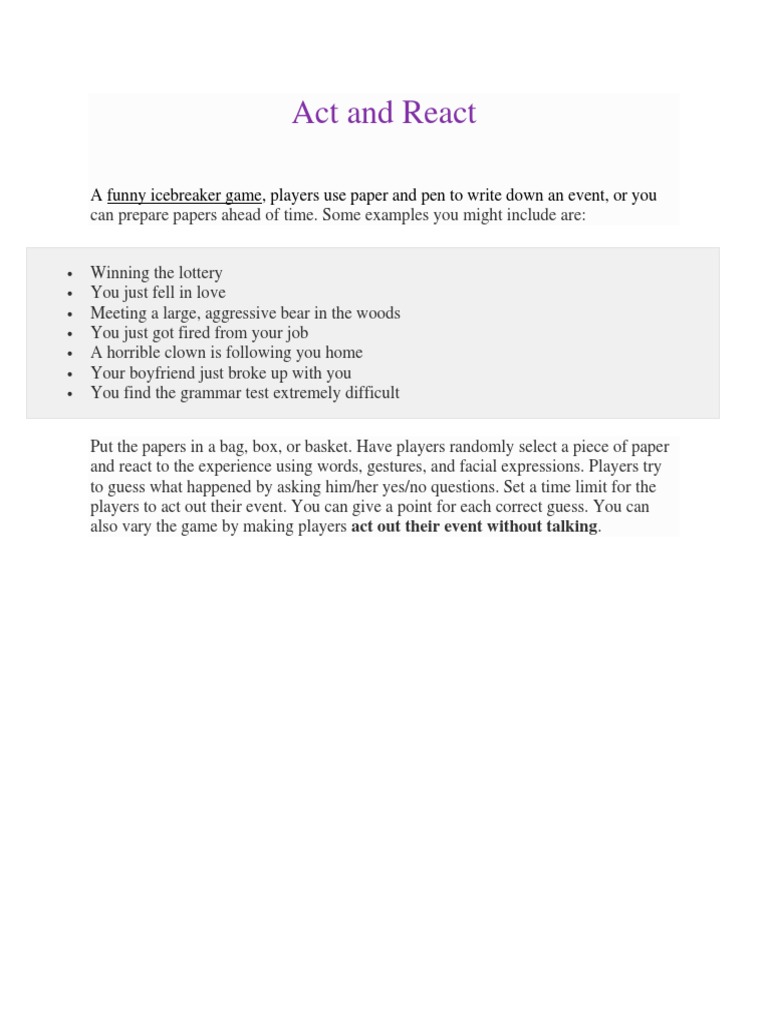 Act and React | PDF | Games & Activities | Language Arts & Discipline