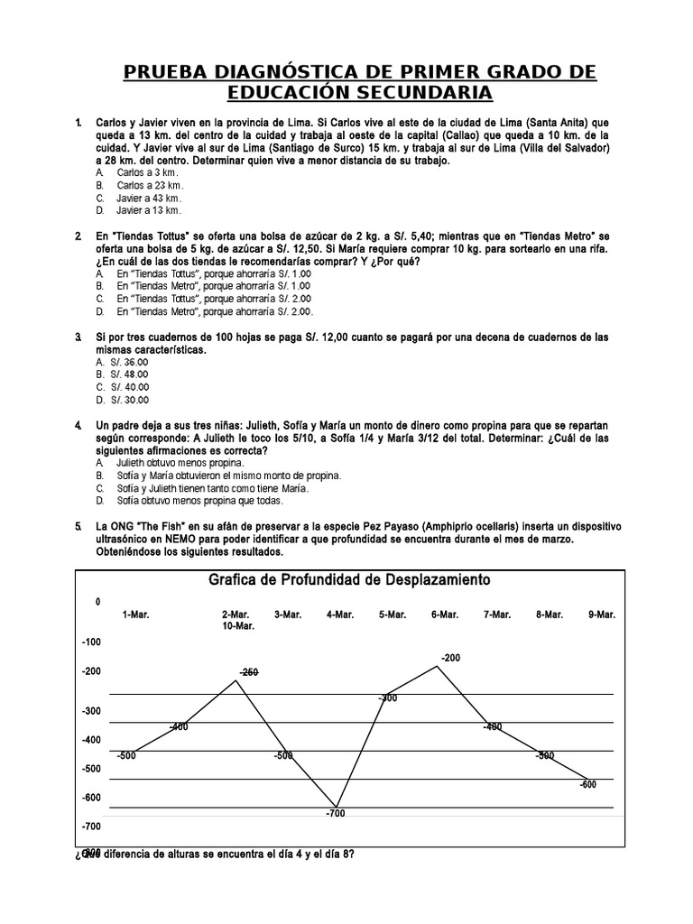 Prueba Diagnóstica de Matemáticas 1° Grado | PDF