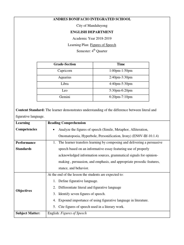 7 Figures of Speech Lesson Plan | PDF | Metaphor | Learning
