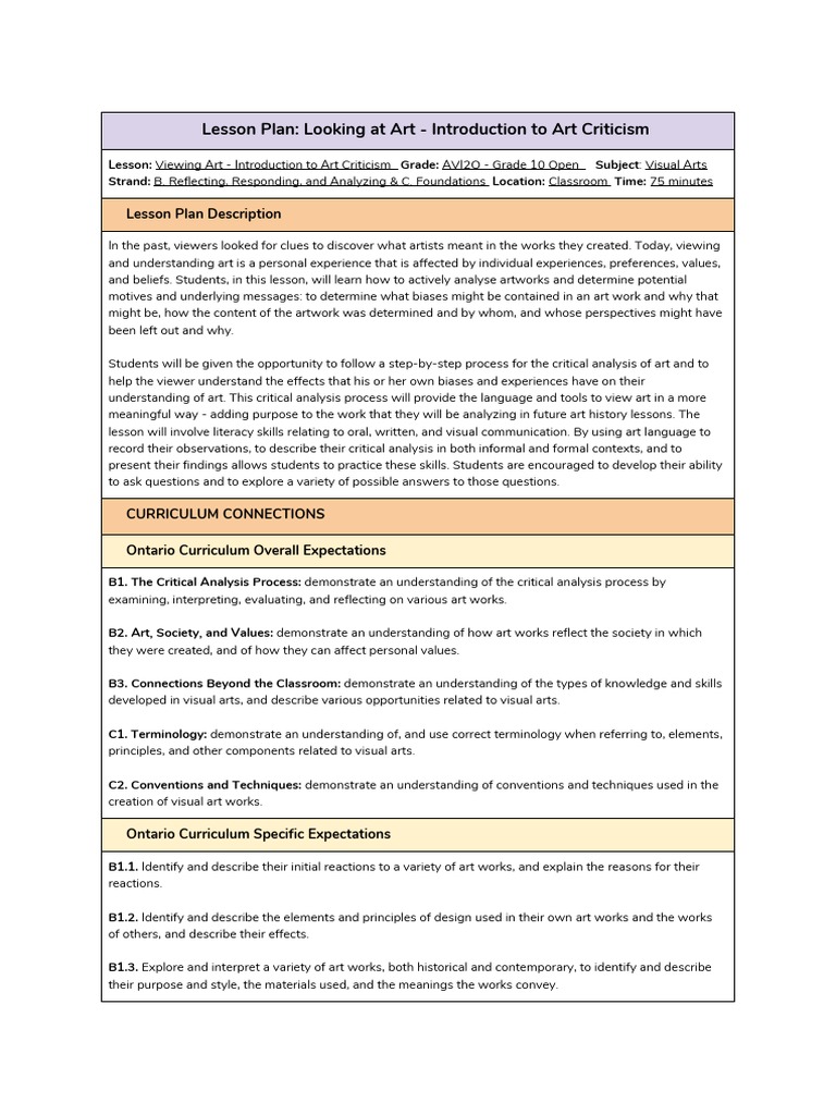 Art Criticism: A Lesson Plan Guide | PDF | Critical Thinking | Idea