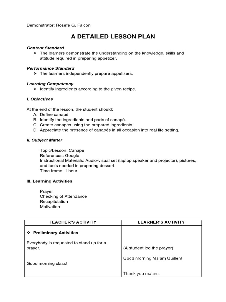 A Detailed Lesson Plan: Content Standard | PDF | Lesson Plan | Foods