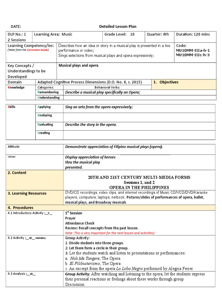 Grade 10 Music Opera Lesson Plan | PDF | Opera | Learning