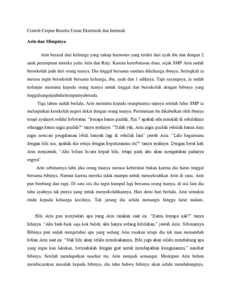 Contoh Cerpen Beserta Unsur Ekstrinsik Dan Intrinsik | PDF