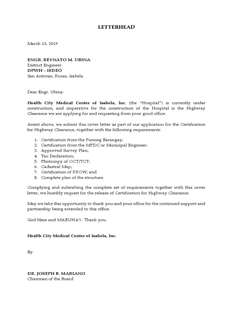 Letterhead: Engr. Reynato M. Ubina DPWH - Isdeo | PDF