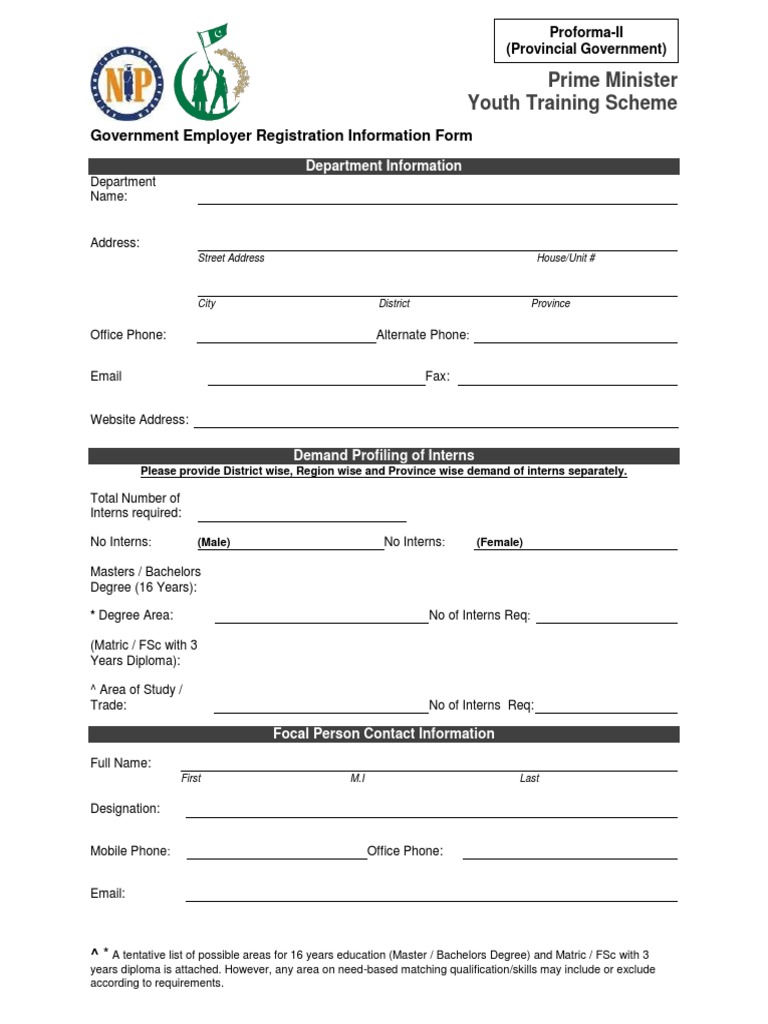 Government Employer Registration Information Form: Prime Minister Youth ...
