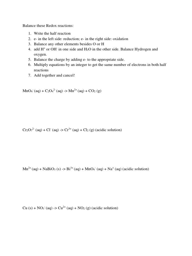 Balancing Redox Reaction Exercise | PDF | Redox | Chemistry