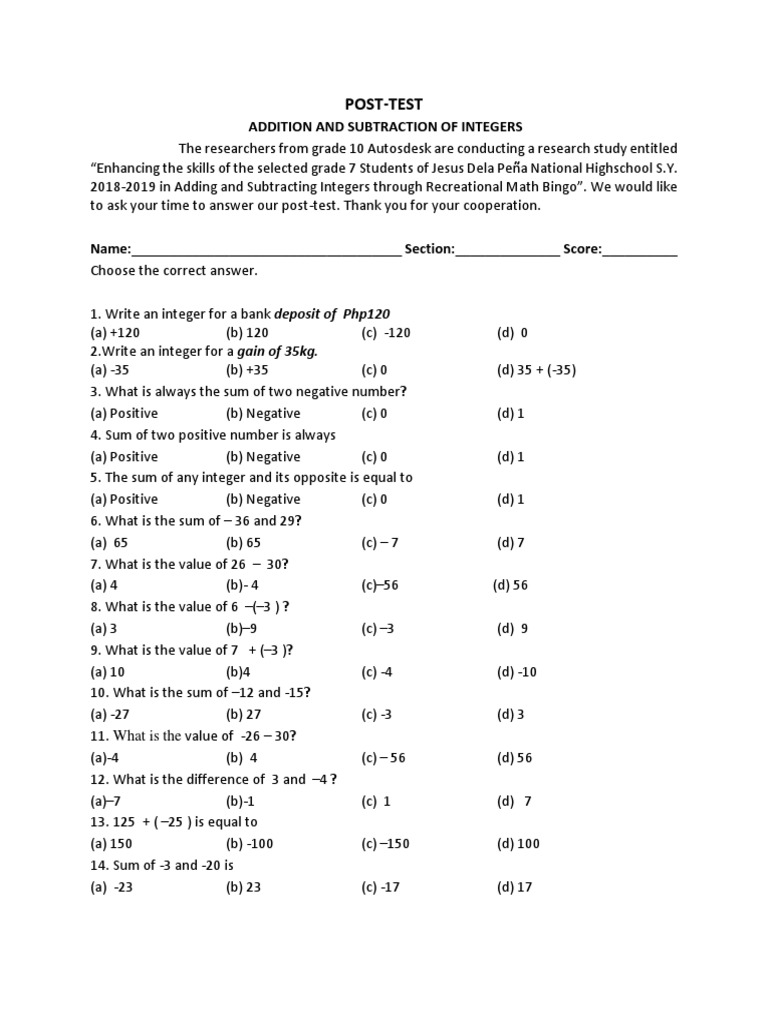 PREtest and Post Test | PDF | Subtraction | Elementary Mathematics