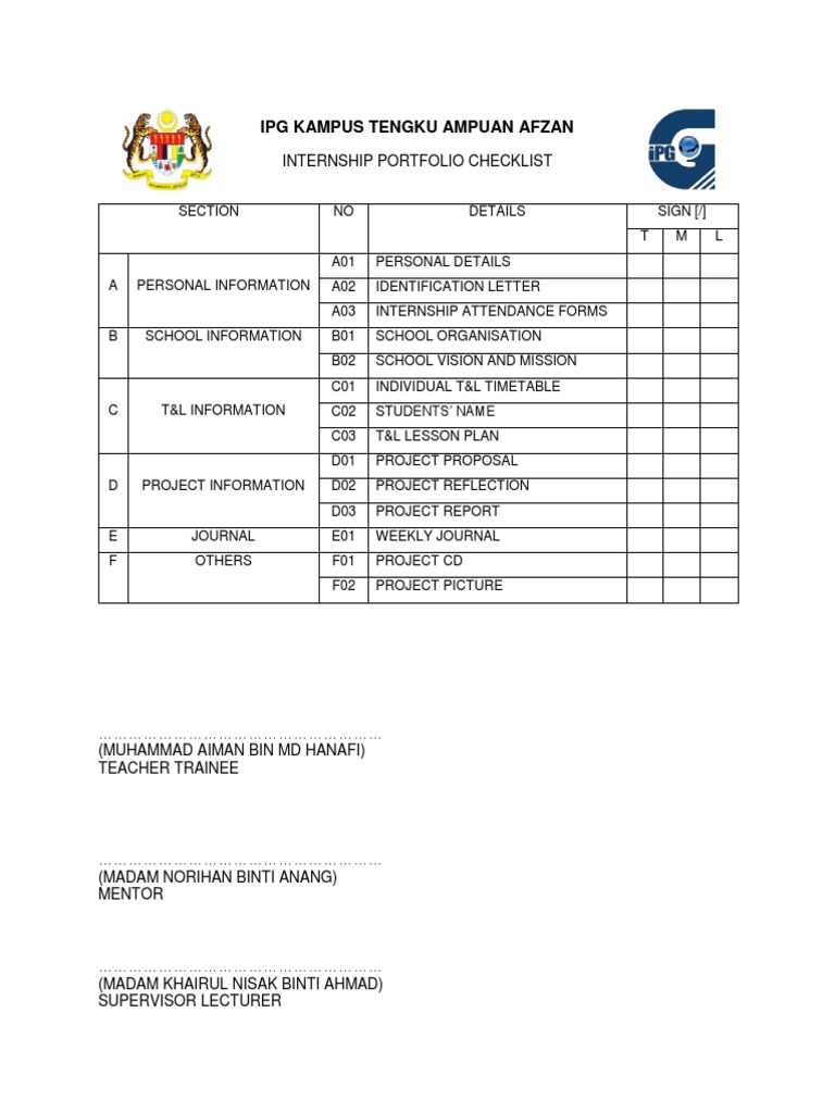 Ipg Kampus Tengku Ampuan Afzan: Internship Portfolio Checklist | PDF