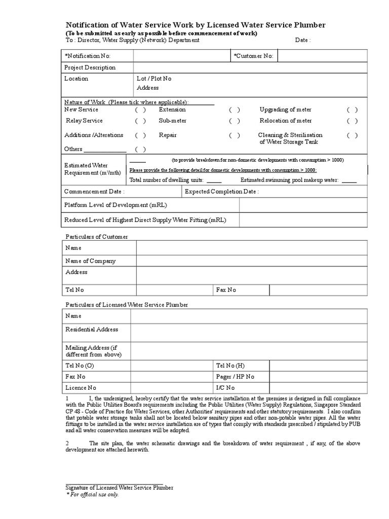 Notification of Water Service Work by Licensed Water Service Plumber ...
