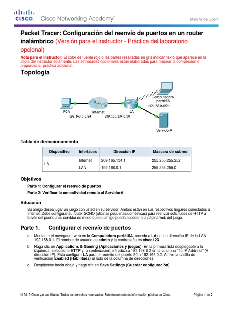9 2 4 4 Packet Tracer Configuring Port Forwarding On A Wireless Router Instructions Ilm Pdf