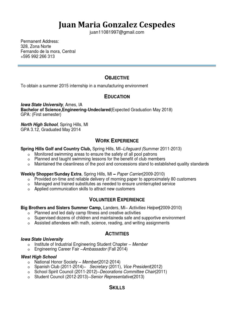 Ecs - Files - 2012 - 08 - ECS-Example-Resume-Freshman Estudiante | PDF
