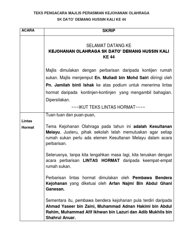 Skrip Emcee Sukan 2019 | PDF