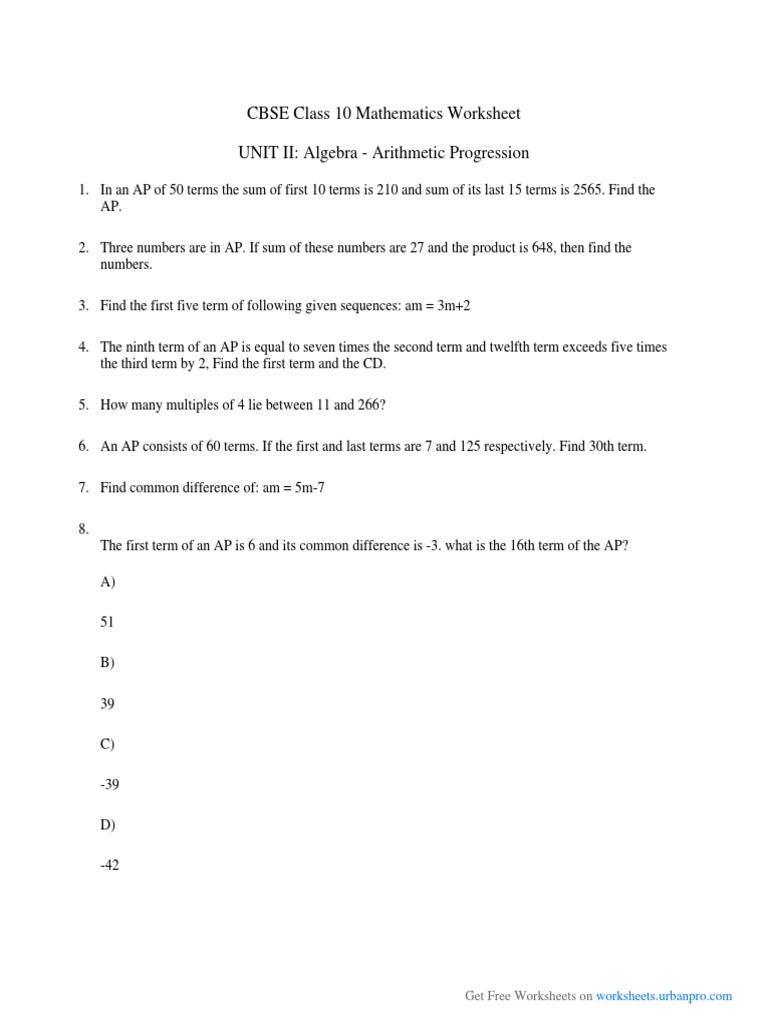 Arithmetic Progression CBSE Class 10 Worksheet | PDF | Arithmetic ...