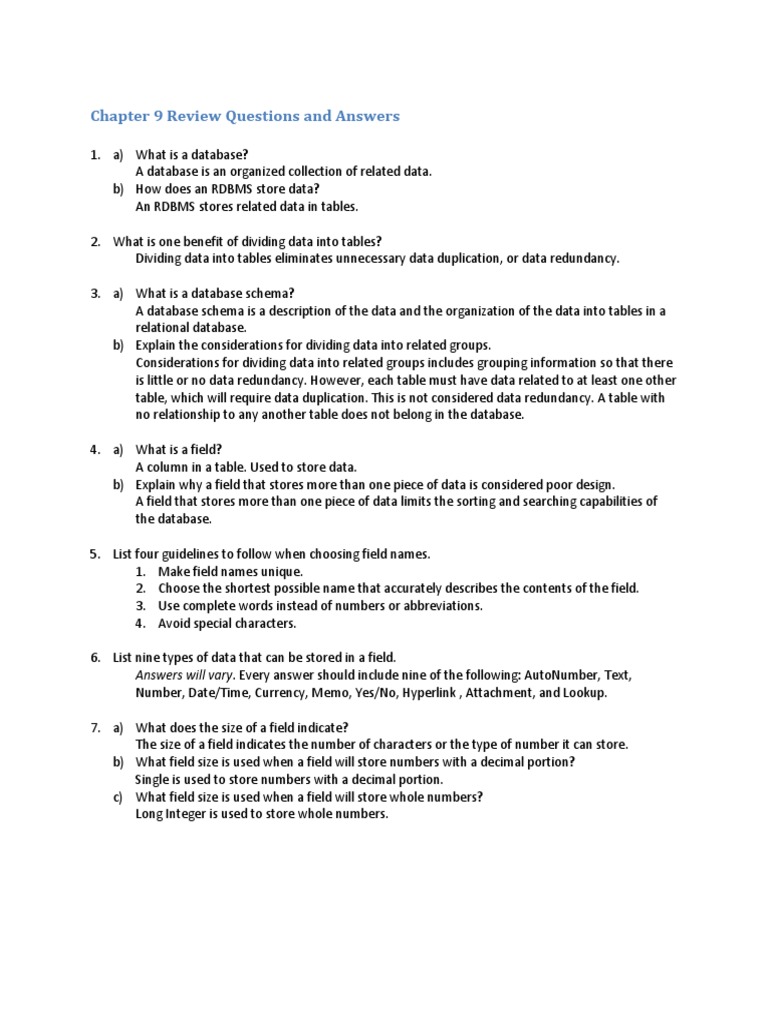 Chapter 9 Review Questions and Answers | PDF | Databases | Table (Database)