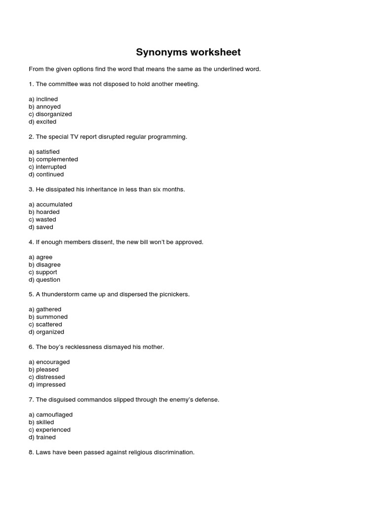 Synonyms Worksheet PDF | PDF
