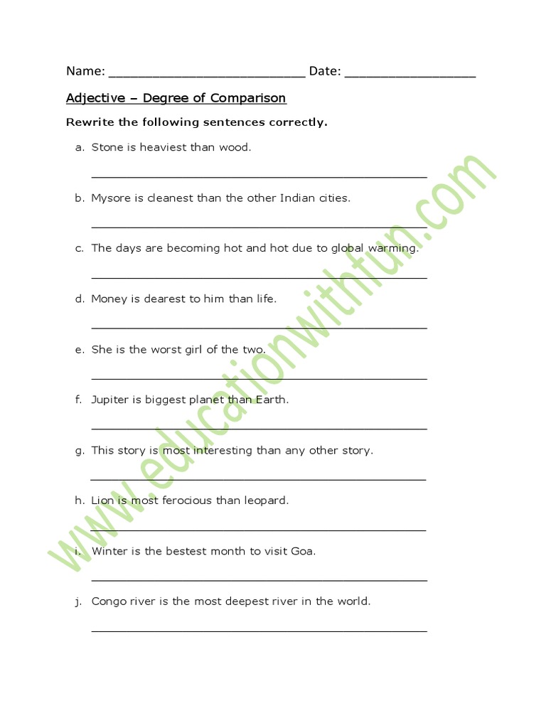 Degree of Comparison Worksheet 3 | PDF