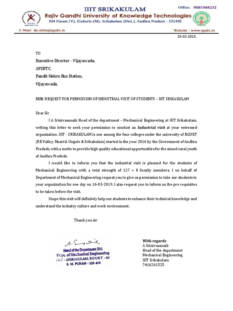 Request for Industrial Visit Approval | PDF
