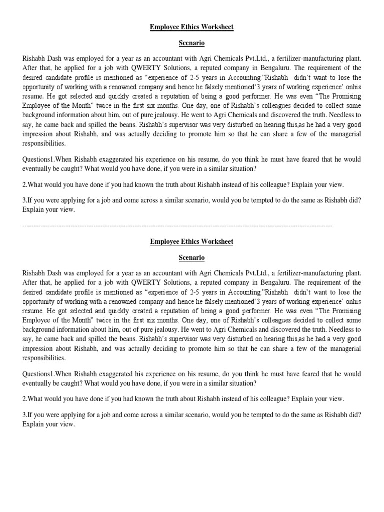 Employee Ethics Worksheet 1 | PDF | Psychological Concepts