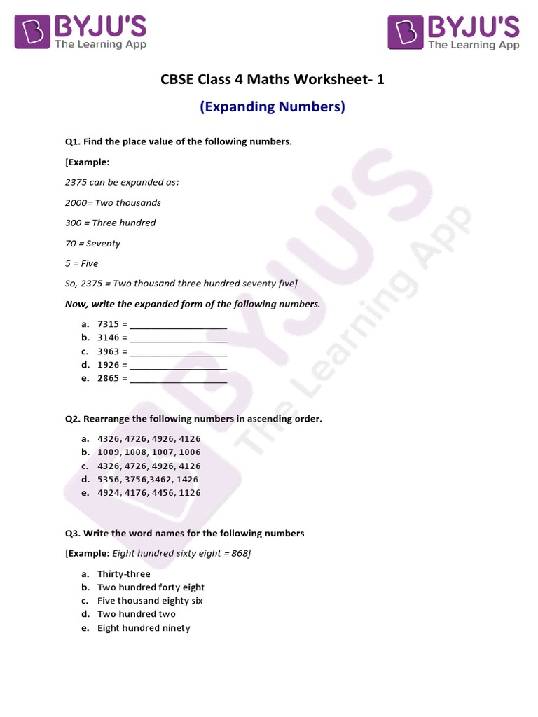 CBSE Class 4 Maths Worksheet 1 | PDF