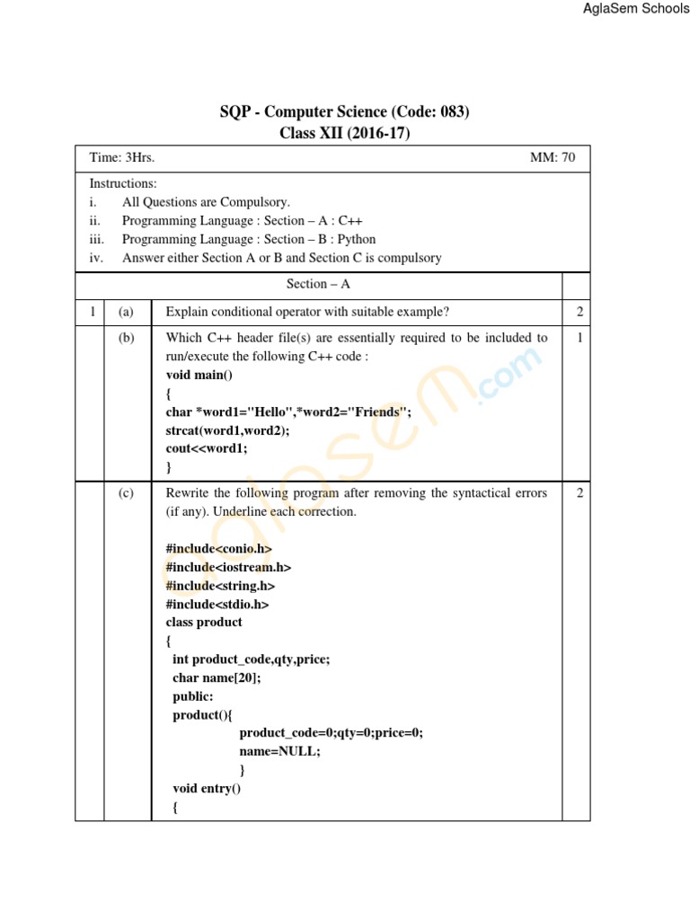 CBSE Sample Papers 2017 Class 12 Computer Science | Download Free PDF | Array Data Structure ...