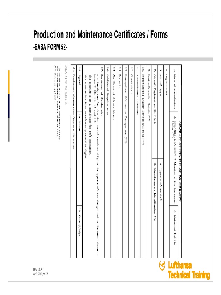 Production and Maintenance Certificates / Forms: - Easa Form 52 | PDF