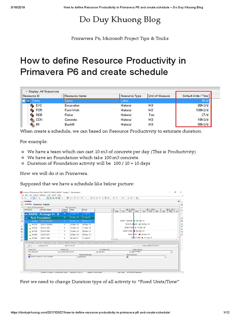 How To Define Resource Productivity in Primavera P6 and Create Schedule ...