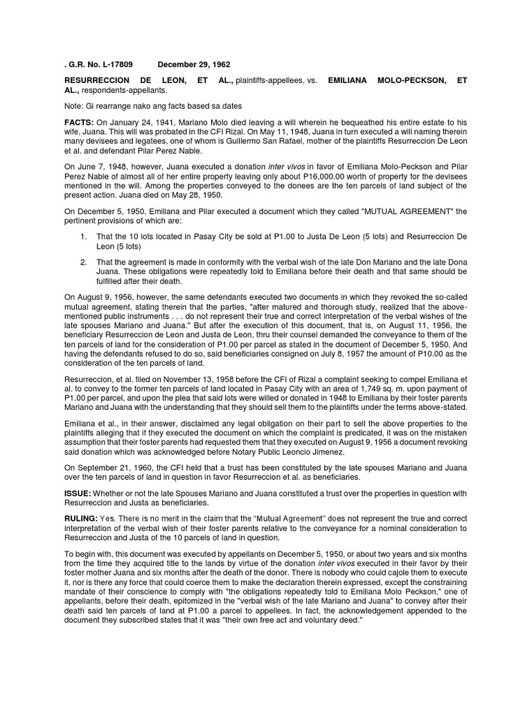 RESURRECCION DE LEON, ET AL., Plaintiffs-Appellees, vs. EMILIANA MOLO ...