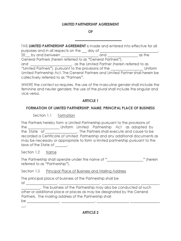Limited Partnership Agreement Breakdown | PDF | General Partnership ...