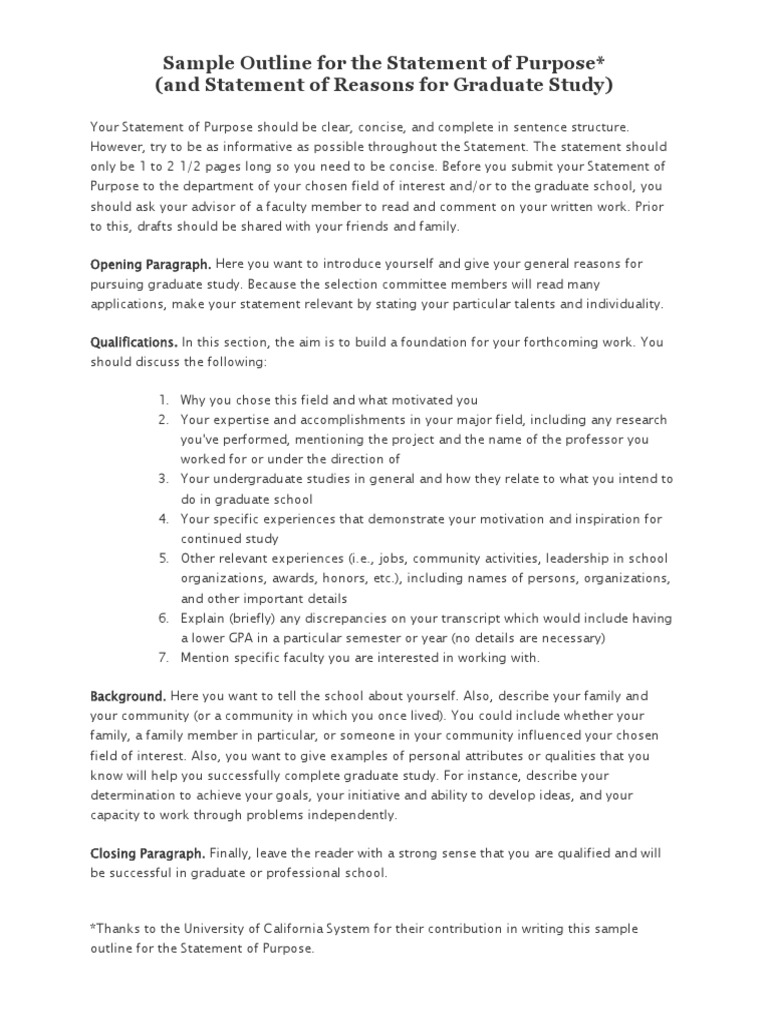Sample Outline For The Statement of Purpose PDF | Download Free PDF ...