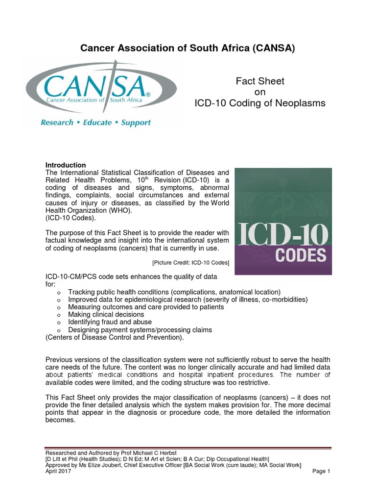Cancer Association of South Africa (CANSA) : Fact Sheet On ICD-10 ...