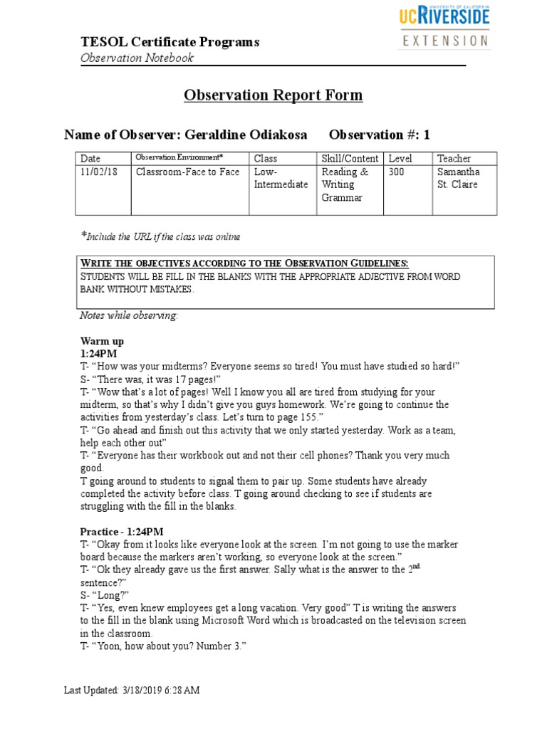 Observation Report Form: TESOL Certificate Programs | PDF | English As ...