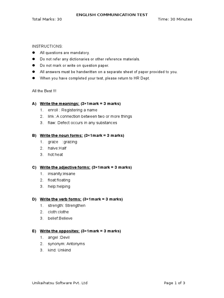 A) Write The Meanings: (3×1mark 3 Marks) : English Communication Test ...